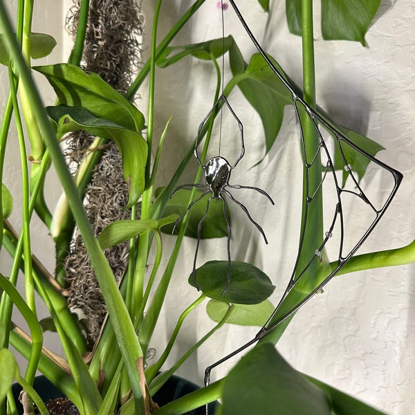 Stain Glass Spider on the Web Garden Stake - Gardener Gift - Large Pot ...