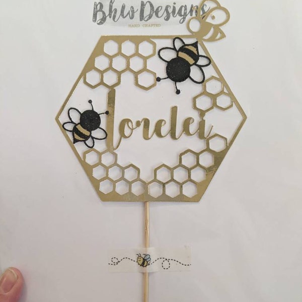 Bee Personalised Honeycomb Gold Cake Topper - One - Gold and Black ...