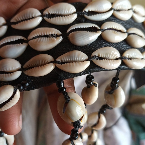 African Cowrie Shell Necklace, Cowrie Shell Choker Necklace, Leather ...