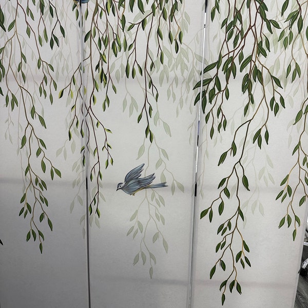 Green Leaves Birds Room Divider, Folding Screen, Room Divider - 3 and 5 ...