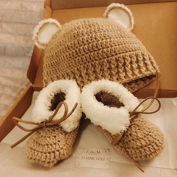 Unisex Crochet Baby Set Oatmeal Baby Booties Bear Hat Fur Shoes ...
