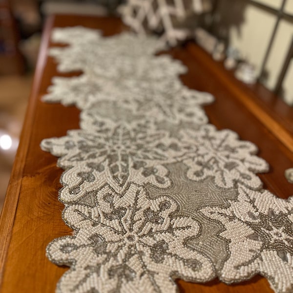 Handmade Bead Table Runner, Christmas Beaded Runner, White Snowflakes ...