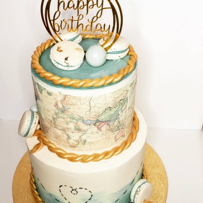 Vintage World Map Edible Cake Wrap or Pinwheel and Congrats Cake ...