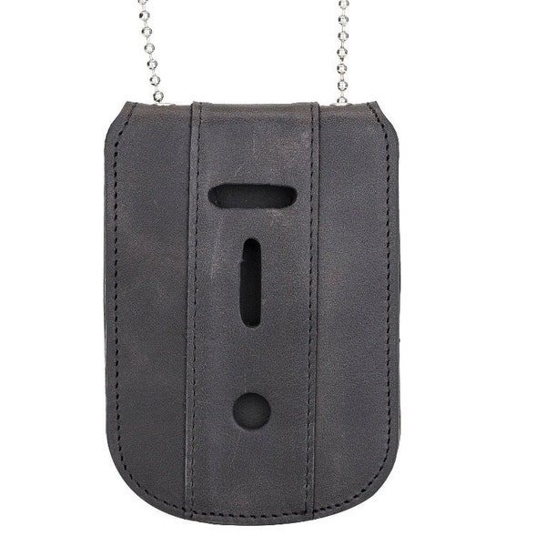 Black Full Grain Leather Neck Chain Police Badge and ID Holder With ...