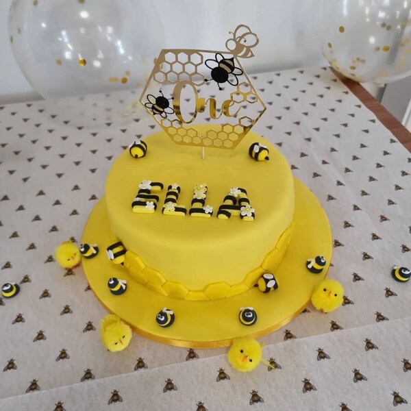 Bee Personalised Honeycomb Gold Cake Topper - One - Gold and Black ...
