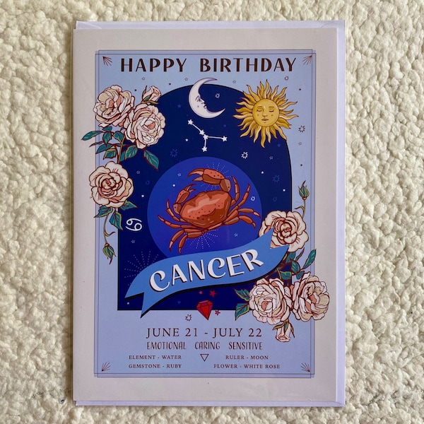 Cancer Birthday Card, Happy Birthday Zodiac Star Sign Large A5 Card - Etsy