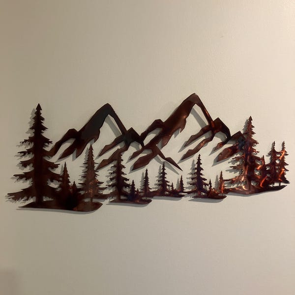 Copper Plated Metal Art Scene - Trees and Mountains - Etsy