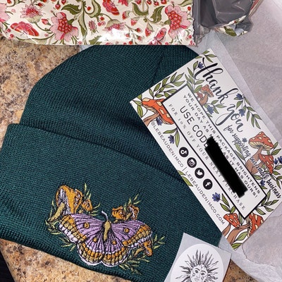 Mushroom Moth Embroidered Beanie Handmade Embroidered Toboggan Boho ...