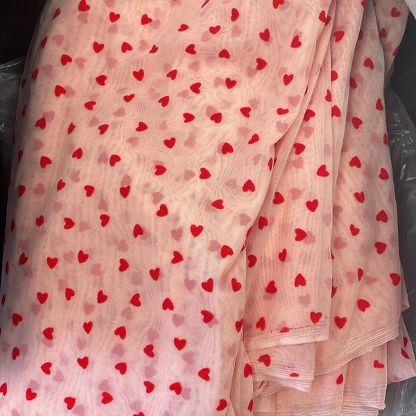 4 Way Stretch Tulle Fabric With Red Velvet Hearts, Pink Stretchy Mesh ...