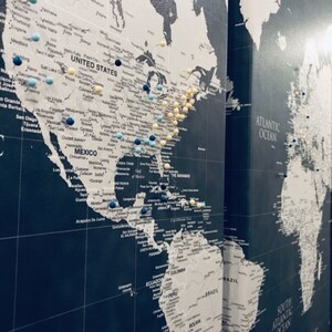 Grey Push Pin World Travel Map Canvas Art, Custom Push Pin Map, 3 Panel ...