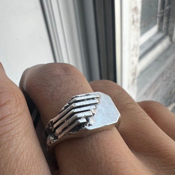 Futuristic Brutalist Ring Grunge Jewelry, Unique Silver Statement Piece ...