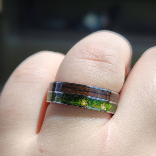 Titanium Wedding Band With Dark Oak, Titanium Ring With Hydrangea Green ...