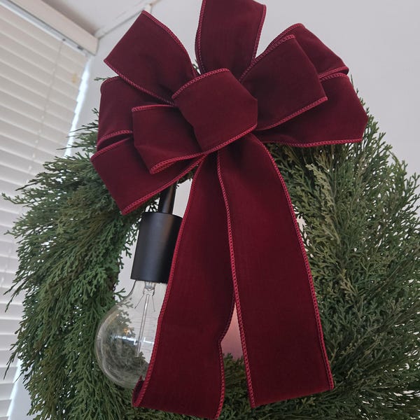 Dark Burgundy Velvet Wired Bow - Handmade Bow - Outdoor Bow - Christmas ...