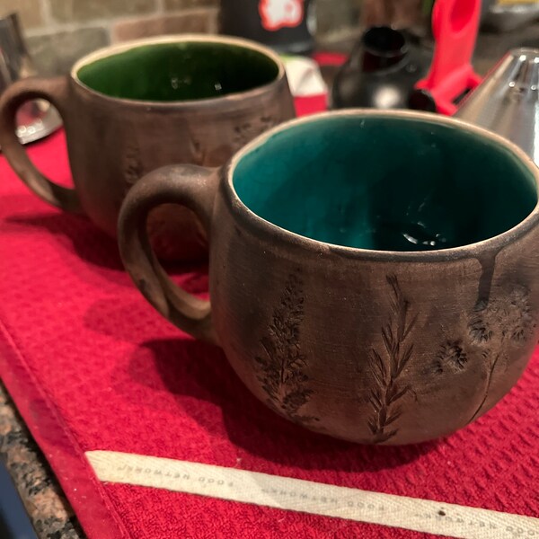 Big Ceramic Coffee Mug With Leaf Impressions Handmade Pottery Mugs ...