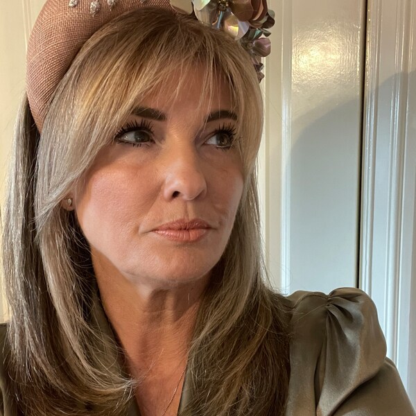 Peach and Powder Blue Birdcage Veiling Feather Fascinator, Headband ...