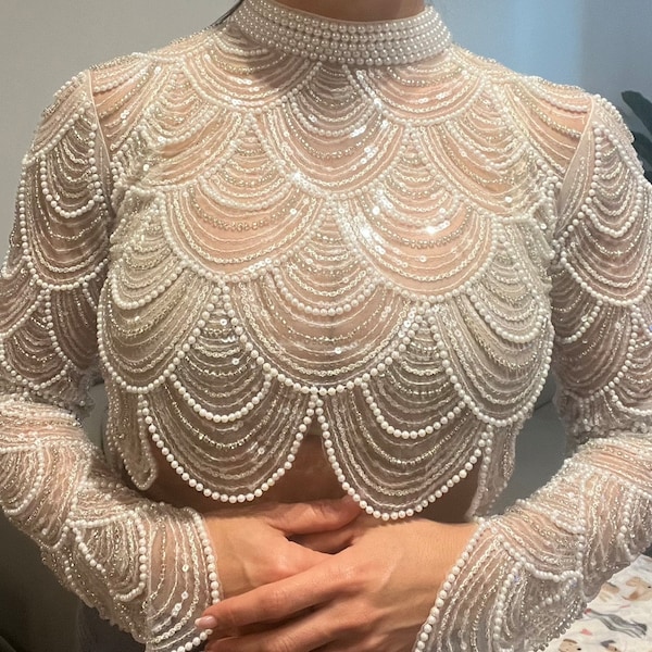 Pearl Beaded Sheer Tulle Pearl Topper/modern Bridal Top/white Pearls ...