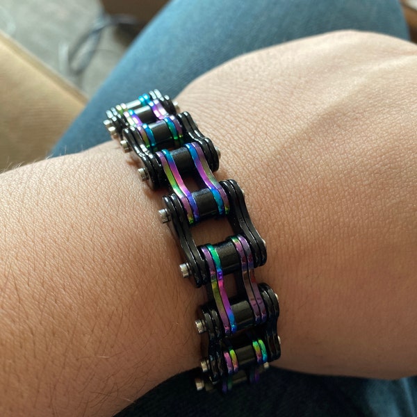 Heavy Metal Rainbow Bike Chain Bracelet 3/4" Wide Biker Jewelry ...