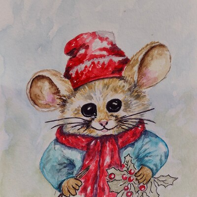 Christmas Mouse Clipart, Cute Mouse in Santa Hat, Watercolor Christmas ...