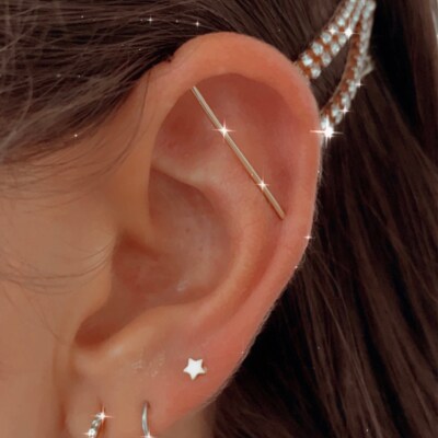 SHORT Industrial Ear Bar Cartilage Cuff No Piercing / 18 Gauge / 14k ...