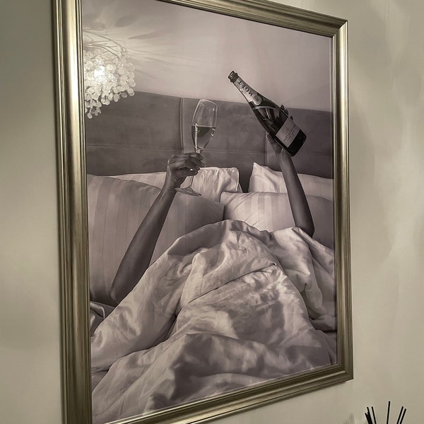 Woman Drinking Wine in Bed, Black and White Poster Print - Etsy