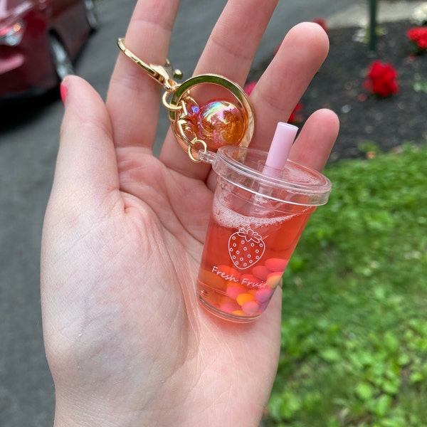 Strawberry Liquid Keychain, Boba Keychain, Quicksand Keychain, Kawaii ...