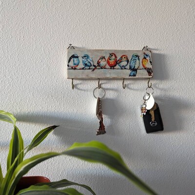 Key Holder for a Wall With Small Houses and Birds, Wall Organizer With ...