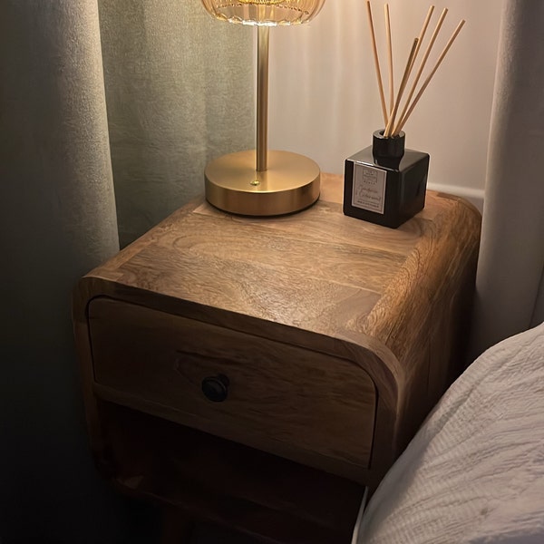Small Curved Bedside Table With Open Shelf • Minimalist Bedside Table ...
