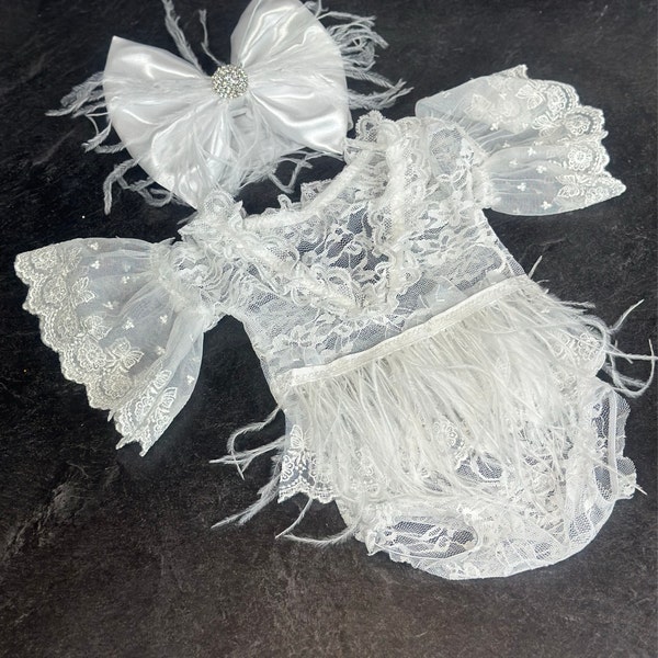 ROMPER ONLY, White Lace and Feather Romper, Newborn Photo Prop, Newborn ...