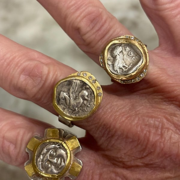 Ancient Greek Coin Ring, 18 Kt Solid Gold and Sapphire Statement Ring ...