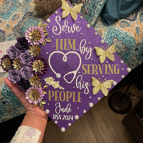 Custom Graduation Cap With Bow, BLING 3D Paper Flowers, Graduation Cap ...