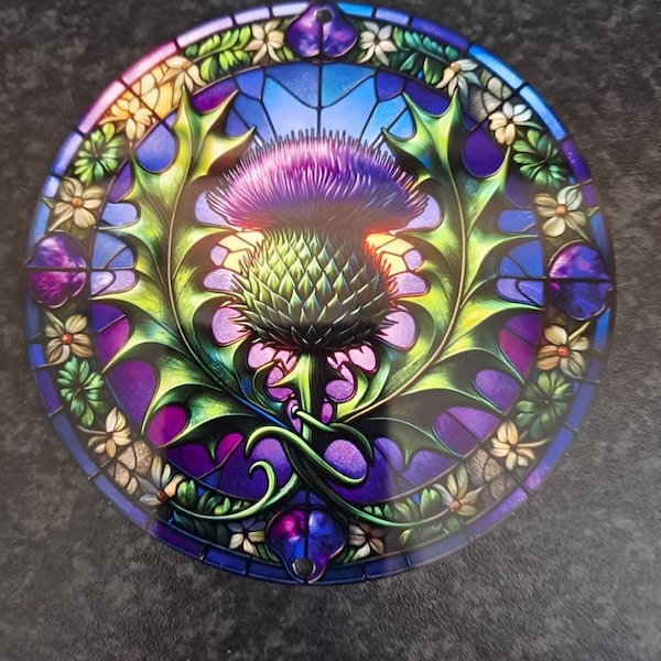 Thistle Sign: Faux Stained Glass Scottish Metal Wall Art, Garden Décor ...