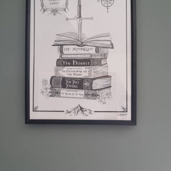 Tolkien Inspired Hand Drawn Book Stack Illustration Print // Lotr ...