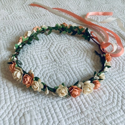 Peach Flower Crown, Flower Girl Headband, Rose Flower Crown, Spring ...