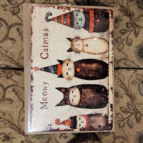 Primitive Christmas Cats Wall Art Meowy Catmas Metal Sign Decoration ...