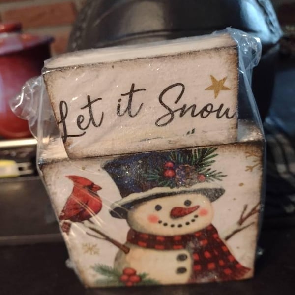 Snowman Let It Snow Mini Wooden Block Set :christmas Tiny Tier Tray ...