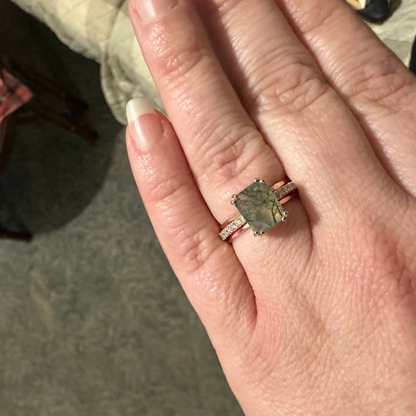 Natural Moss Agate Ring-emerald Cut Moss Agate Ring-gold-silver ...