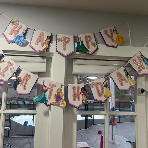 Rapunzel Birthday Party Banner With Pink and Purple Flowers, Glitter ...