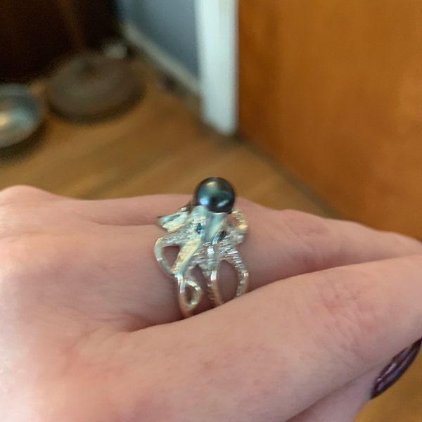 An "octopus" Ring in Sterling Silver W/tahitian Black Pearl Body and ...