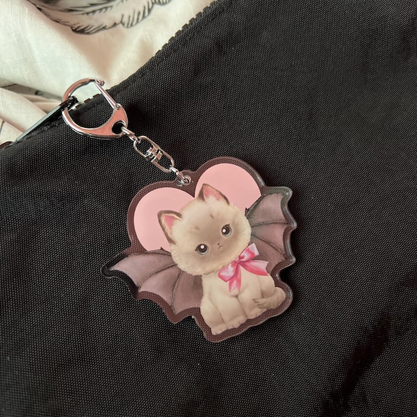 Creepy Cute Keychain Bat Cat | Retro Kitsch Oddity Art on Acrylic Charm ...