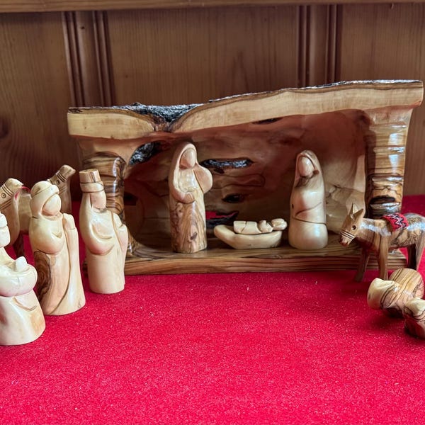 Olive Wood Nativity Set Olive Wood Nativity Set in a Cave Hand Carved ...