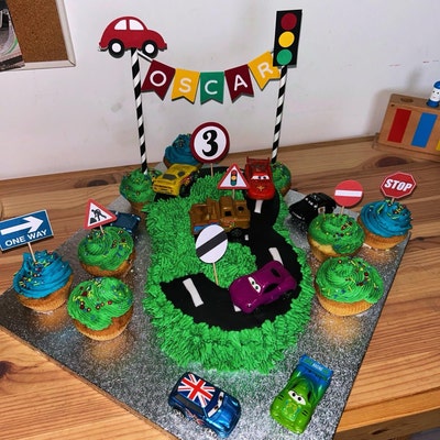 Car Transport Cake Topper, Car, Traffic Lights, Speed Sign Bunting Cake ...