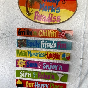 Backyard Paradise Hand Painted Wood Wall Hanger Sign Personalized Tiki ...