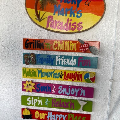 Backyard Paradise Hand Painted Wood Wall Hanger Sign Personalized Tiki ...