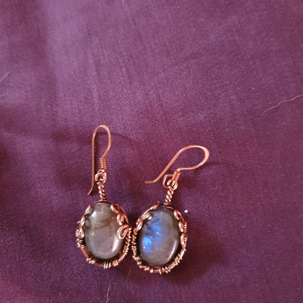 Labradorite Copper Gemstone Earrings Copper Wire Wrapped Earrings ...
