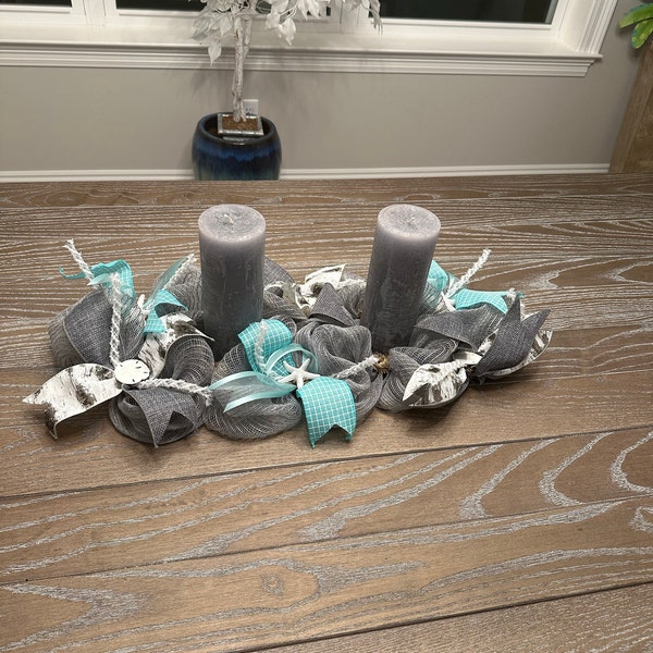 Blue Burlap Table Centerpiece, Coastal Centerpiece, Farmhouse ...