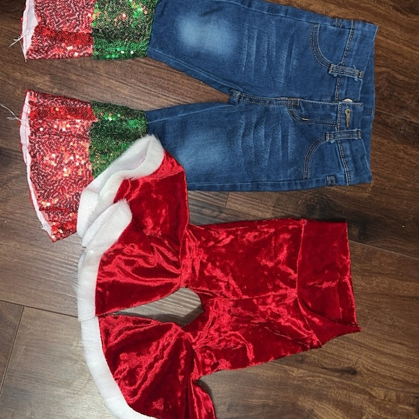 Santa Bell Bottoms Velvet Red Christmas Holiday Girls Baby Bells Pants ...