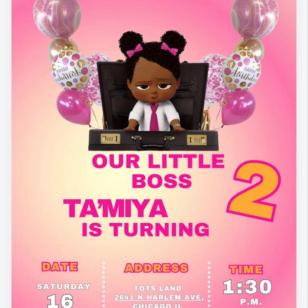 Editable Black Girl Baby Boss Girl Birthday Invitation | Boss Baby ...