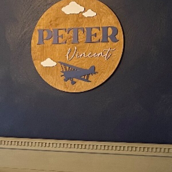 Airplane Nursery Name Sign, Round Name Sign, Airplane Nursery, Boy Name ...