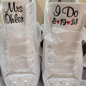 I DO Embroidered Bride Wedding Shoes,pearls, Ribbon Laces, Bling ...