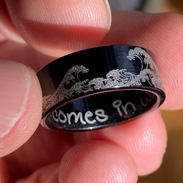 Wave Ring, Ocean Wave Ring, Beach Jewelry, 8mm Black Tungsten Wedding ...